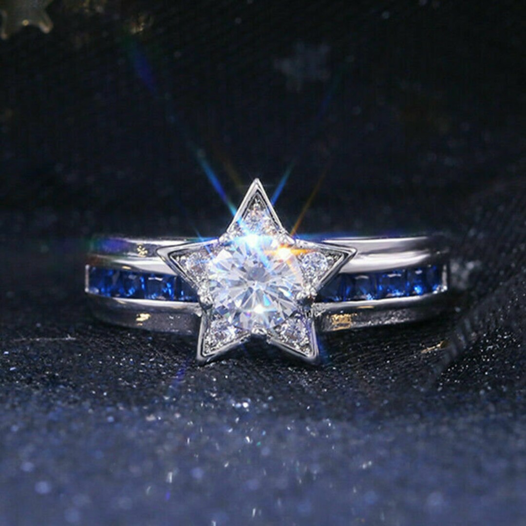 Silver Ring, 1.99 Ct Diamond Ring for Women, 14K White Gold Ring, Star ...