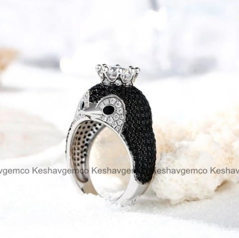 Cute Penguin Ring, 14K White Gold, Wedding Engagement Diamond Ring, 2.5 ...