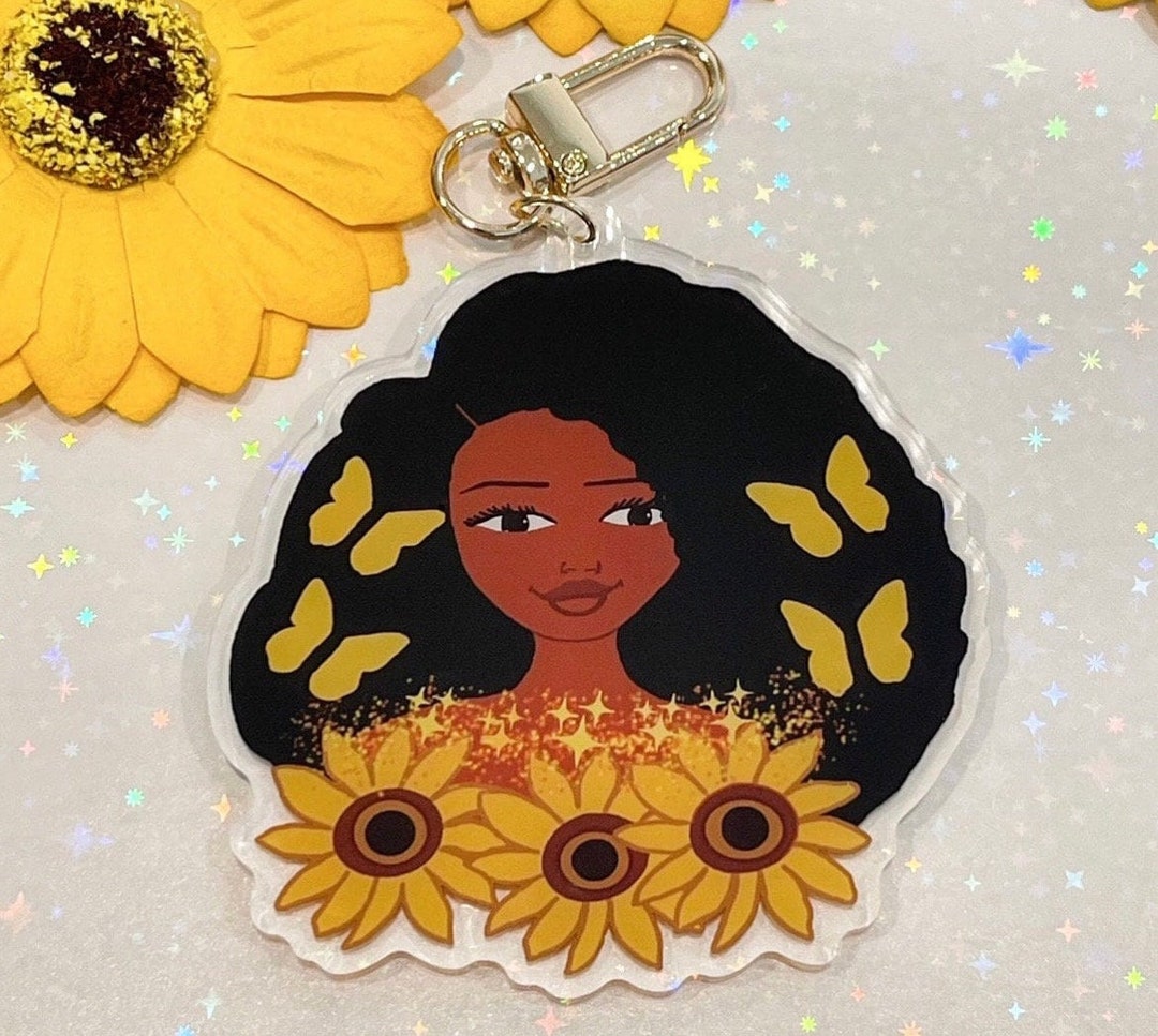 Sunflower Girl Keychain | Black Woman Keychain| Afro Girl| Black Girl ...