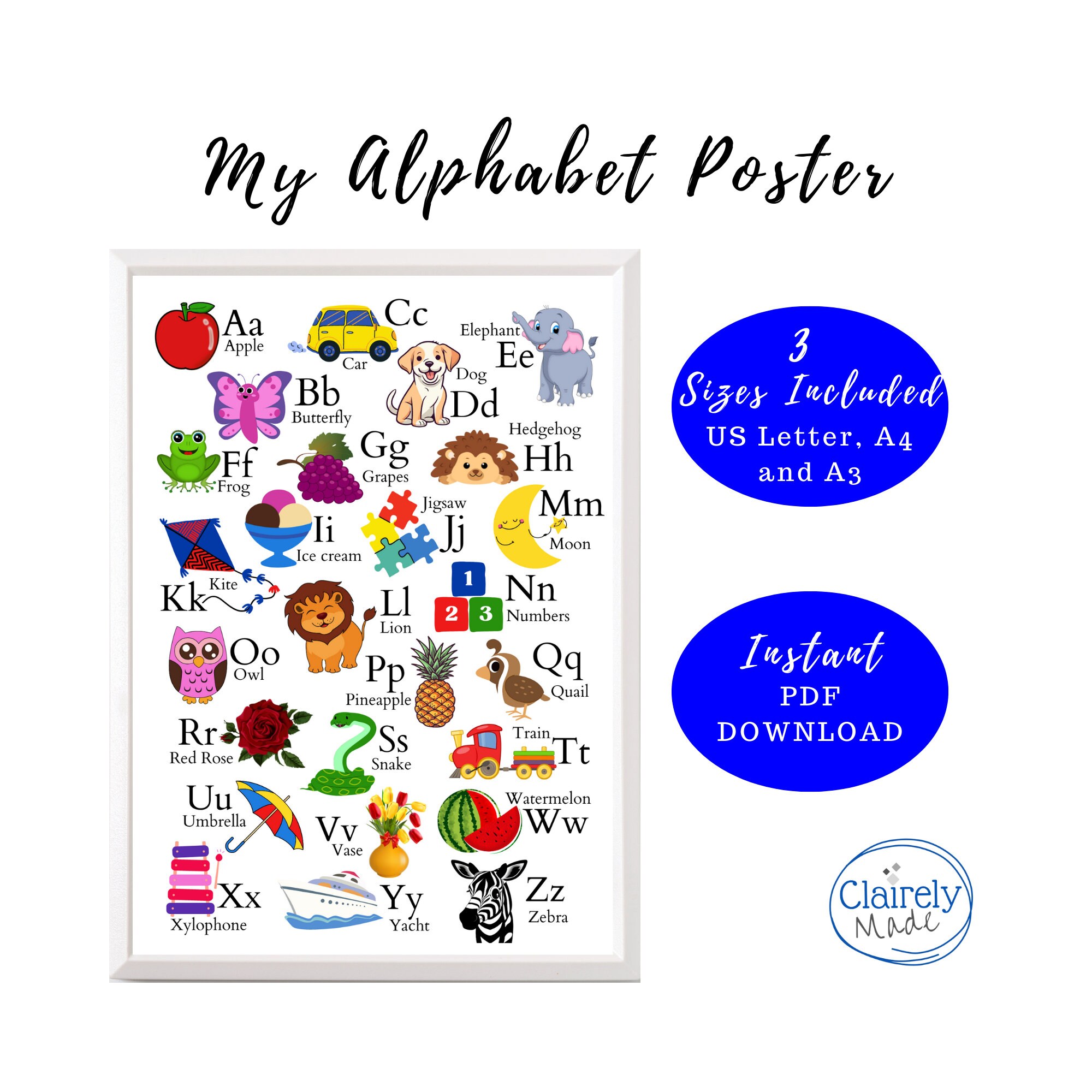 Educational ABC Alphabet Poster | Phonics Chart for Kids’ Playroom ...