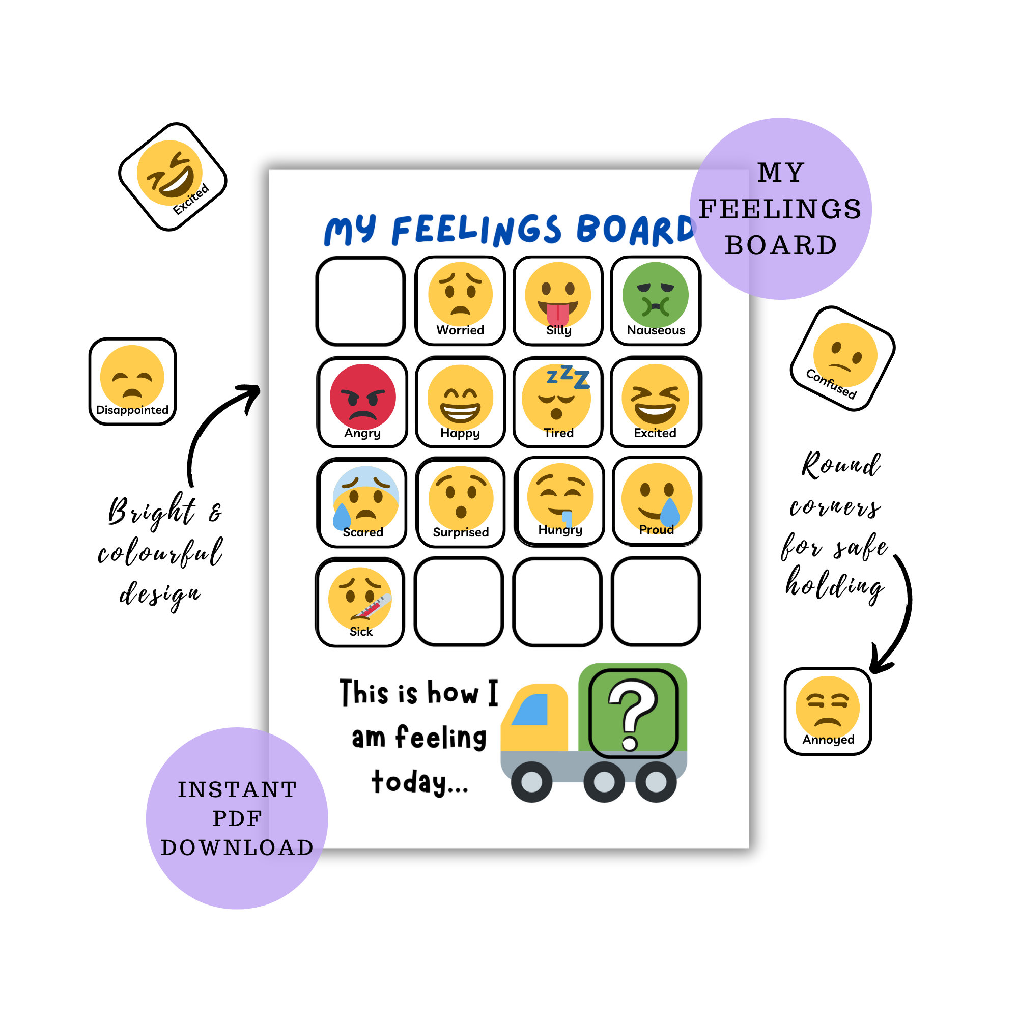 Reusable Feelings Board to Learn Emotions Preschool / Toddlers Visual ...