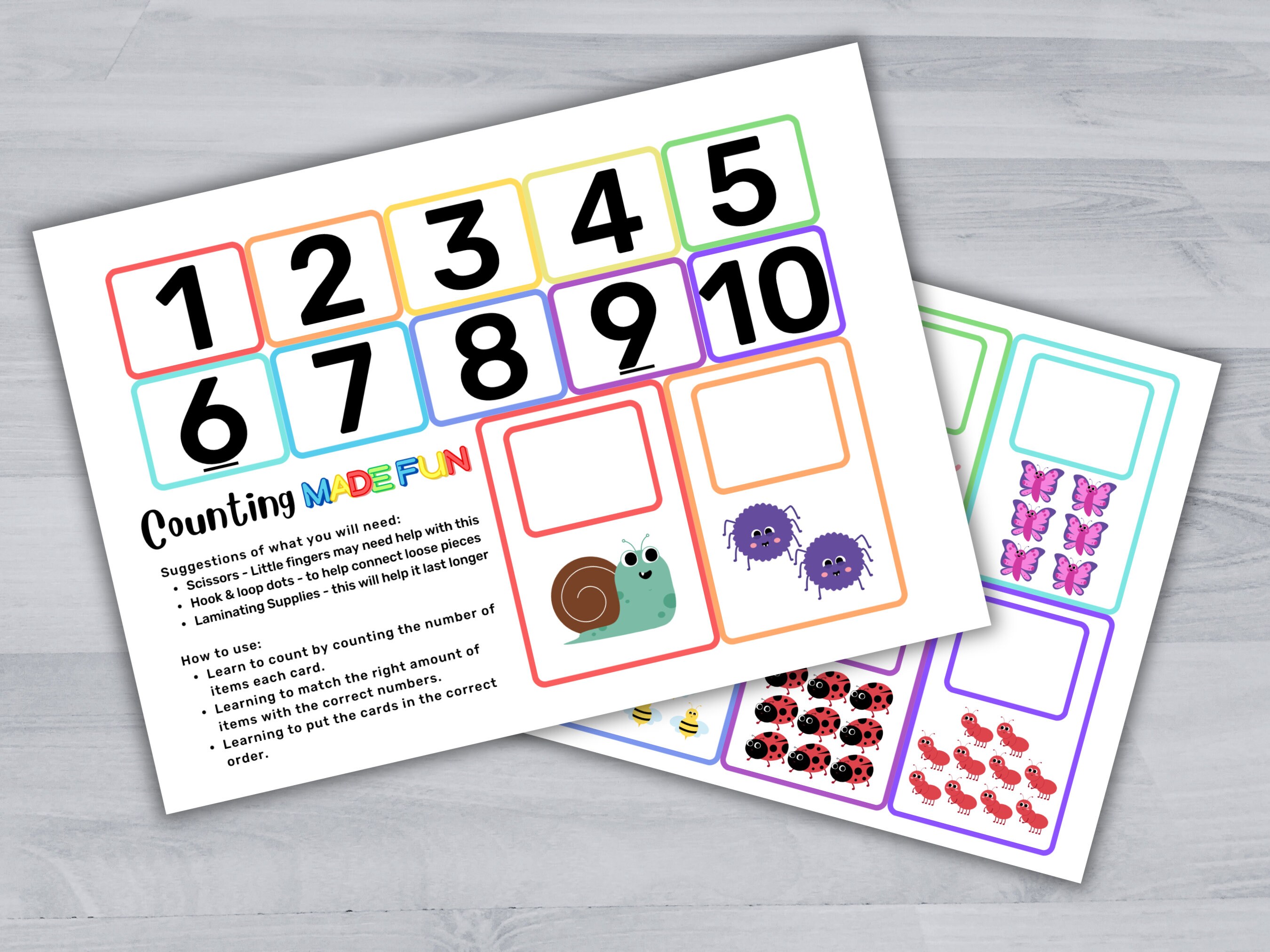 Bug Themed Counting Card Set A4 Size Digital Download Number Flashcard ...