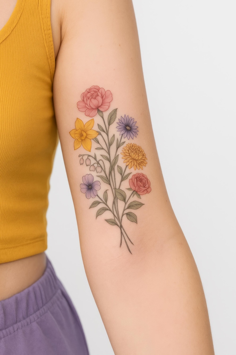 Custom Birth Flower Tattoo Design – Personalized Family Bouquet ...