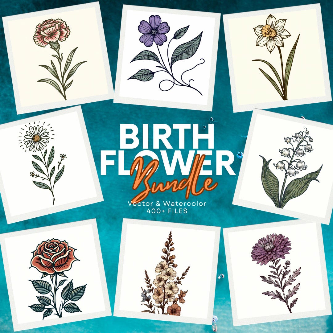 Color Birth Flower Bundle, Vector and Watercolor Birth Flowers, Digital ...