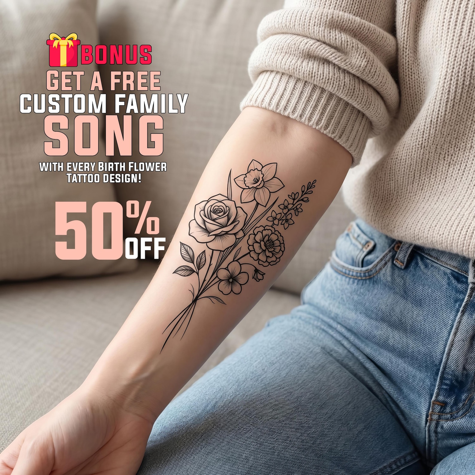 Custom Family Birth Flower Tattoo Design: Fine Line Floral Bouquet ...