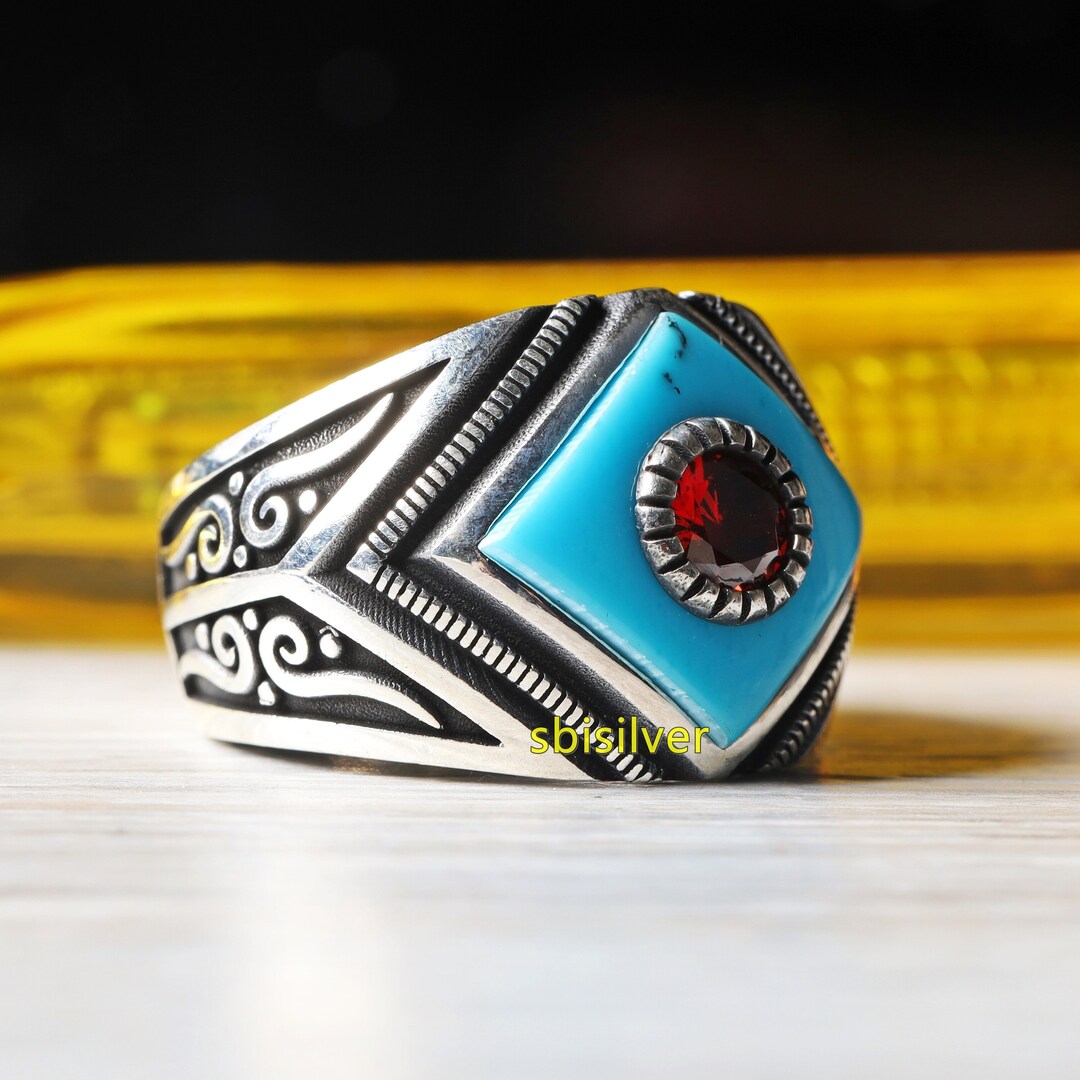 Blue Turquoise and Ruby Stone Turkish Handmade Jewelry 925 Sterling ...