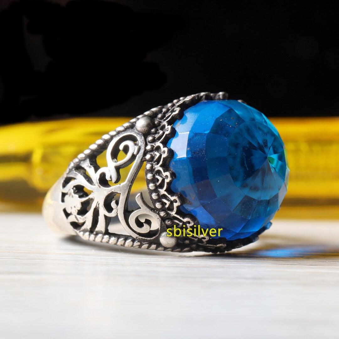 Aquamarine Blue Round Stone Turkish Handmade Jewelry 925 Sterling ...