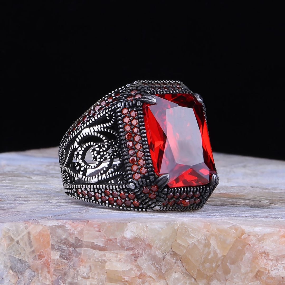 Sterling 925K Silver Men's Ring Turkish Handmade Jewelry Red Garnet ...