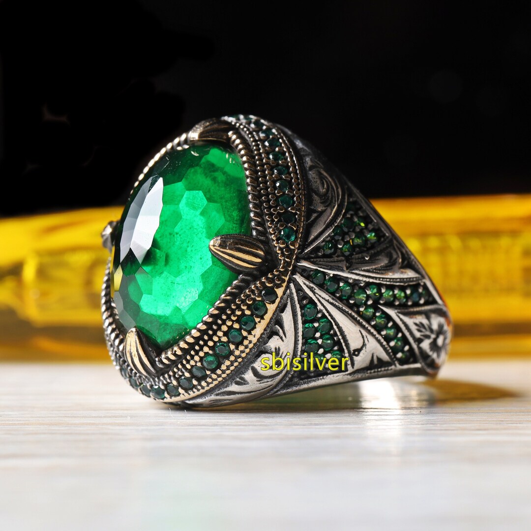 Emerald Green Stone Turkish Handmade Ring: 925 Sterling Silver Mens ...