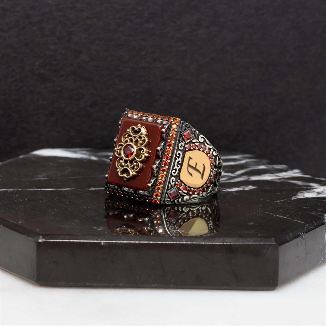 Personalized Name Letter Ring, Agate Aqeeq Men's Ring, Handmade Men's ...