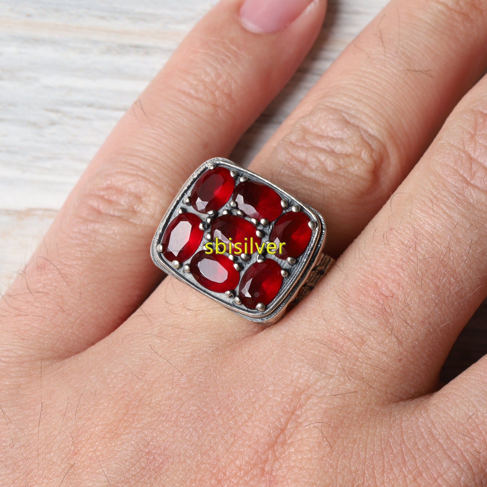 Anillo de plata de ley para hombre: Rubí turco multipiedra hecho a mano ...
