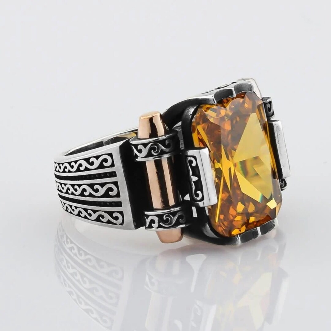 Sterling 925K Silver Men's Ring Turkish Handmade Jewelry Yellow Citrine ...