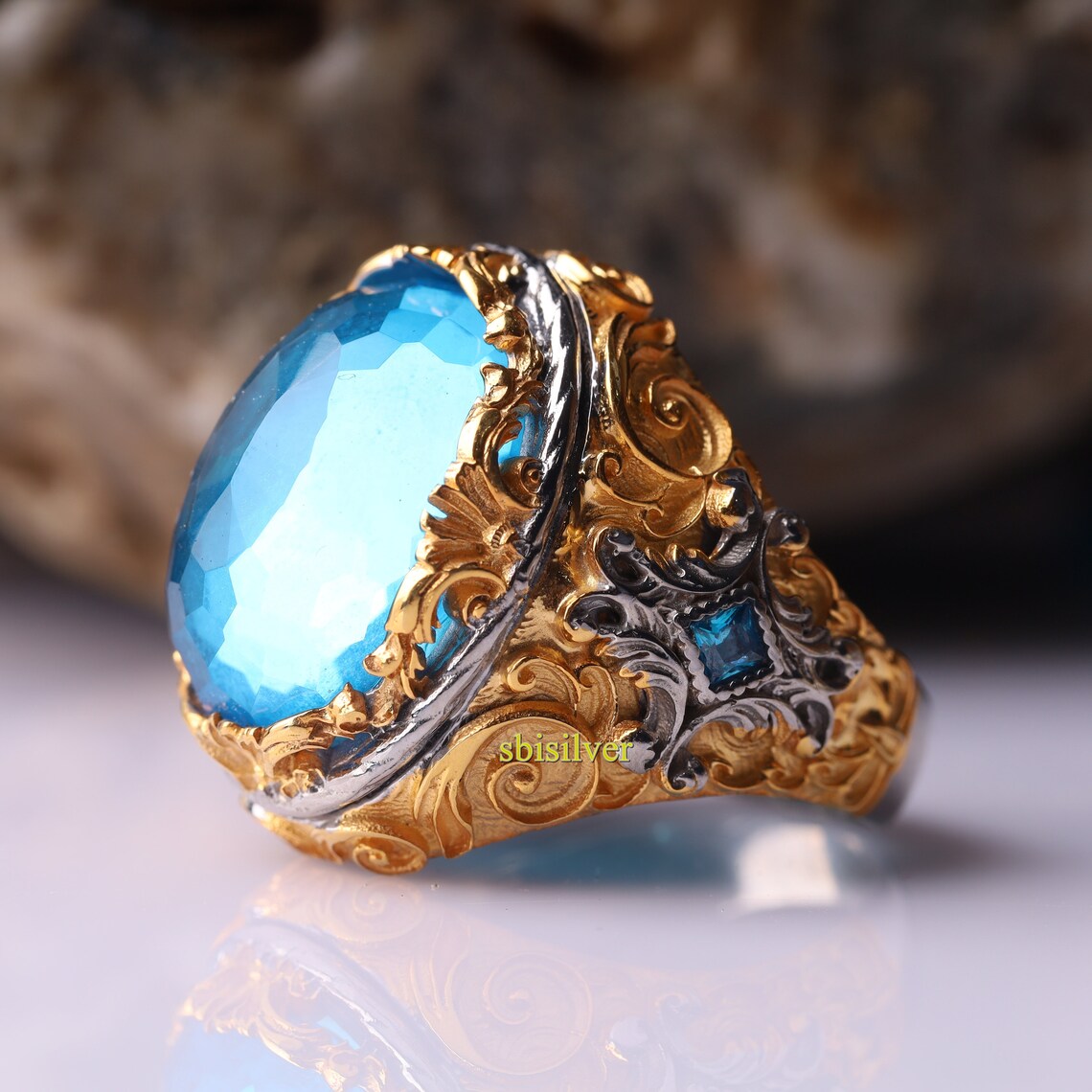 Luxury Aquamarine Gem Stone Turkish Handmade Silver Men Ring - Etsy