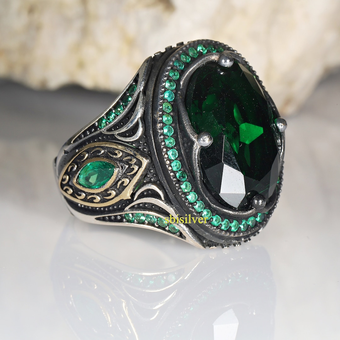 Emerald Stone Turkish Handmade Jewelry 925 Sterling Silver Mens Mans ...