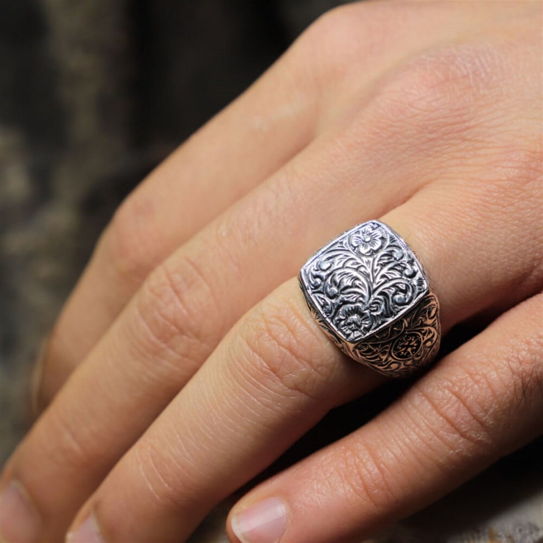 Engraved Floral Sterling Silver Men's Ring - Turkish Handmade Jewelry ...