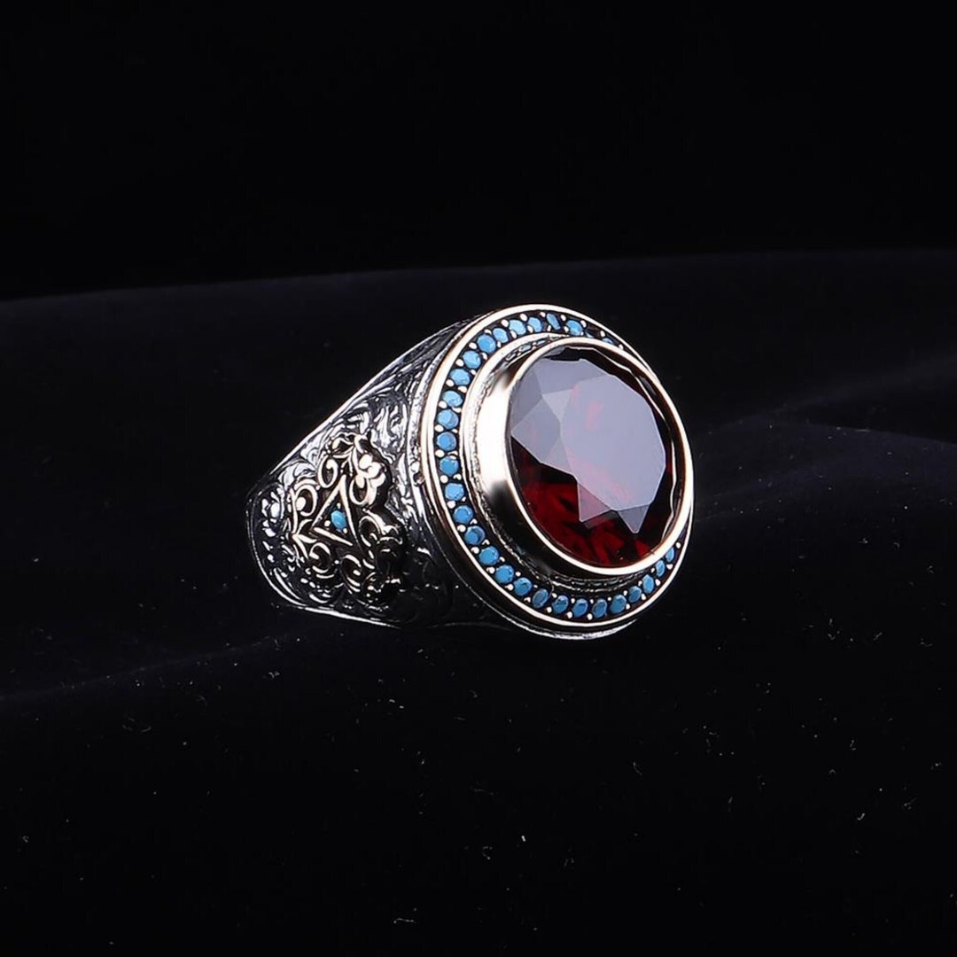 Ruby Turquoise Round Stone Sterling 925K Silver Men's Ring Turkish ...