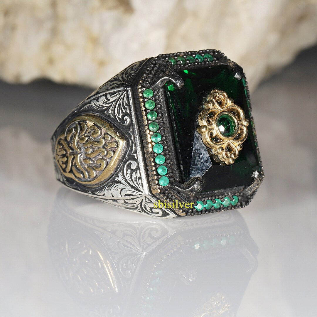 Turkish Handmade Silver, Men Man Ring, Ottoman Men Ring, Green Emerald ...