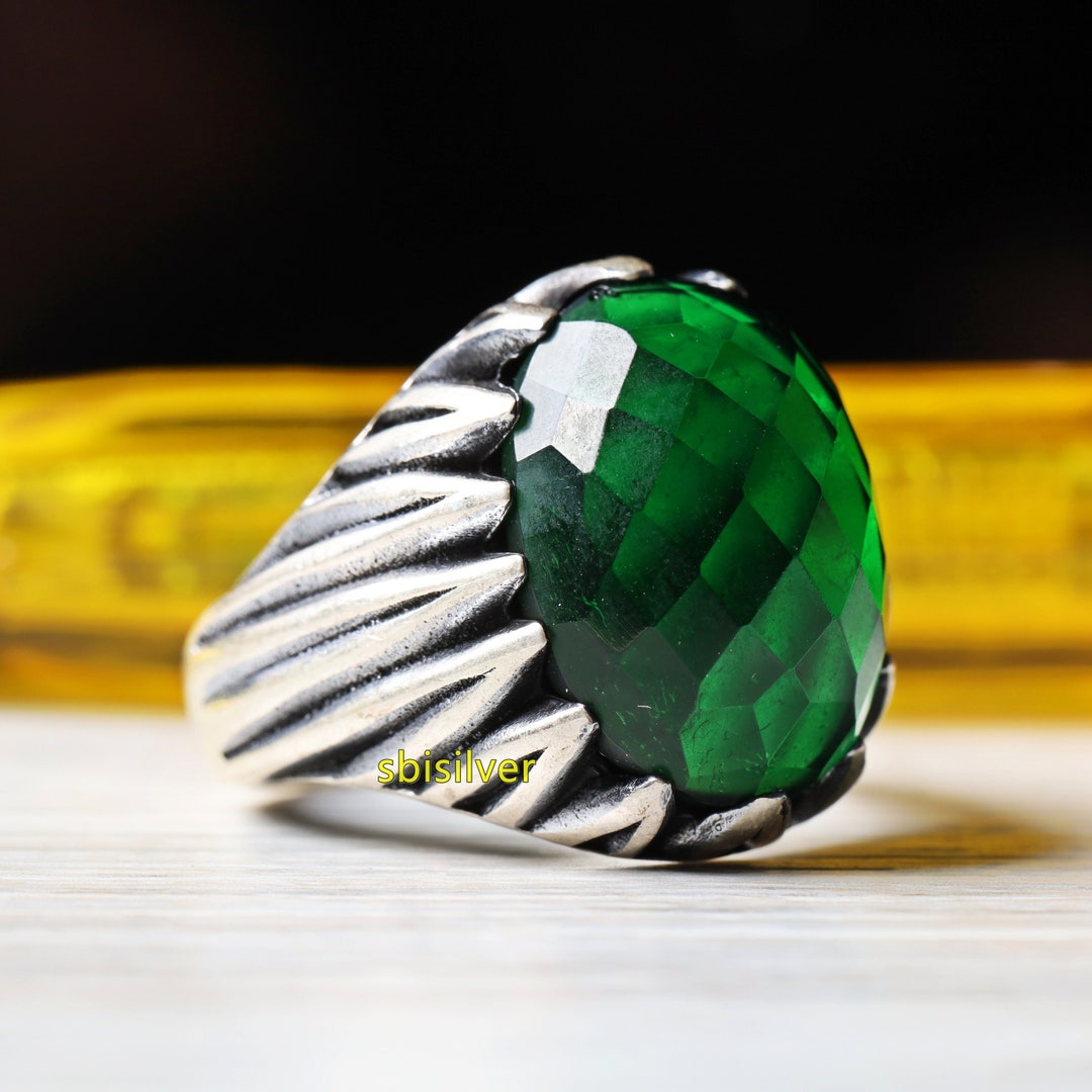 Emerald Gemstone Green Stone , Turkish Jewelry Silver Men Ring Mens ...