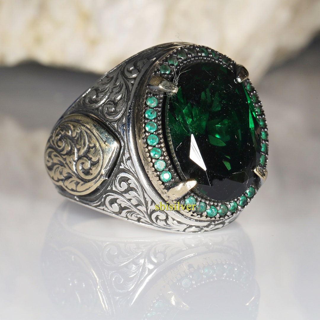 Turkish Handmade Silver, Men Man Ring, Ottoman Men Ring, Green Emerald ...