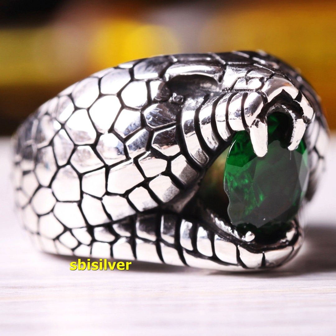 Snake Head Green Emerald Stone Ring, Turkish Handmade 925k Sterling ...