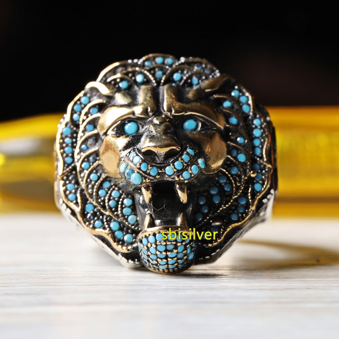 Sterling Silver Lion Ring: Turquoise Turkish Mens Jewelry - Etsy