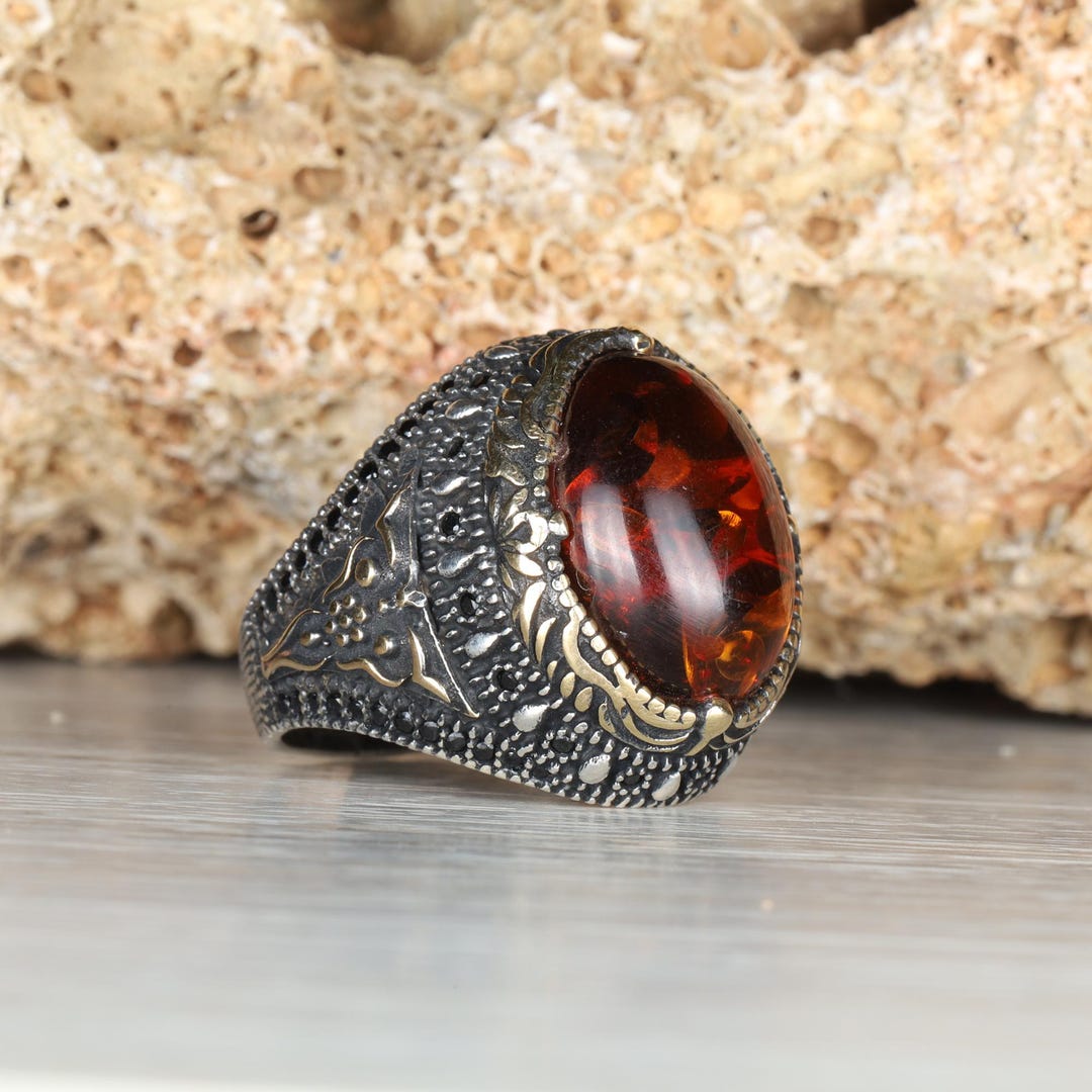 Heavy Amber Orange Stone , Celebrimbor Power Ring, Mens Handmade Ring ...