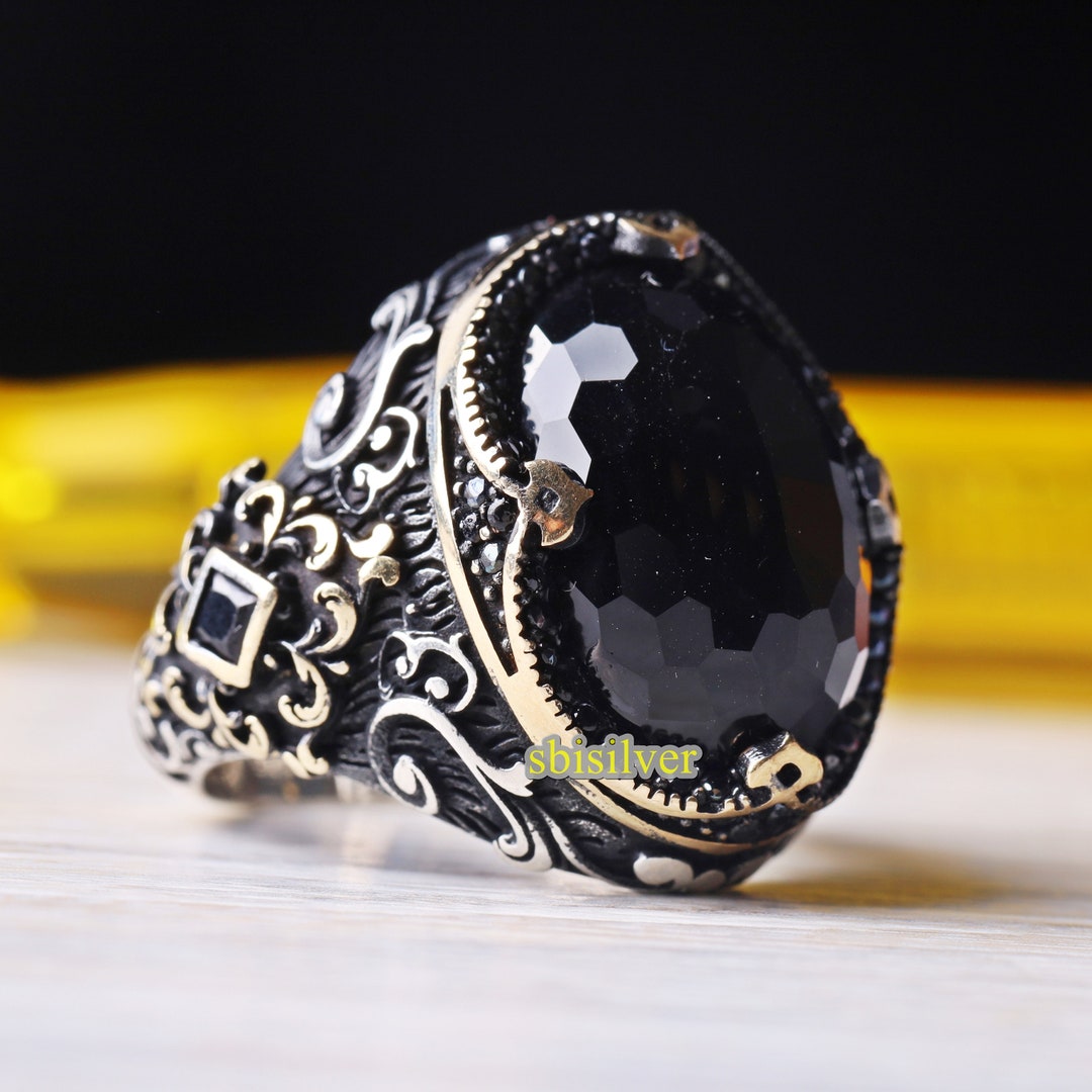 Turkish Handmade Silver, Men Man Ring, Ottoman Men Ring, Black Onyx ...