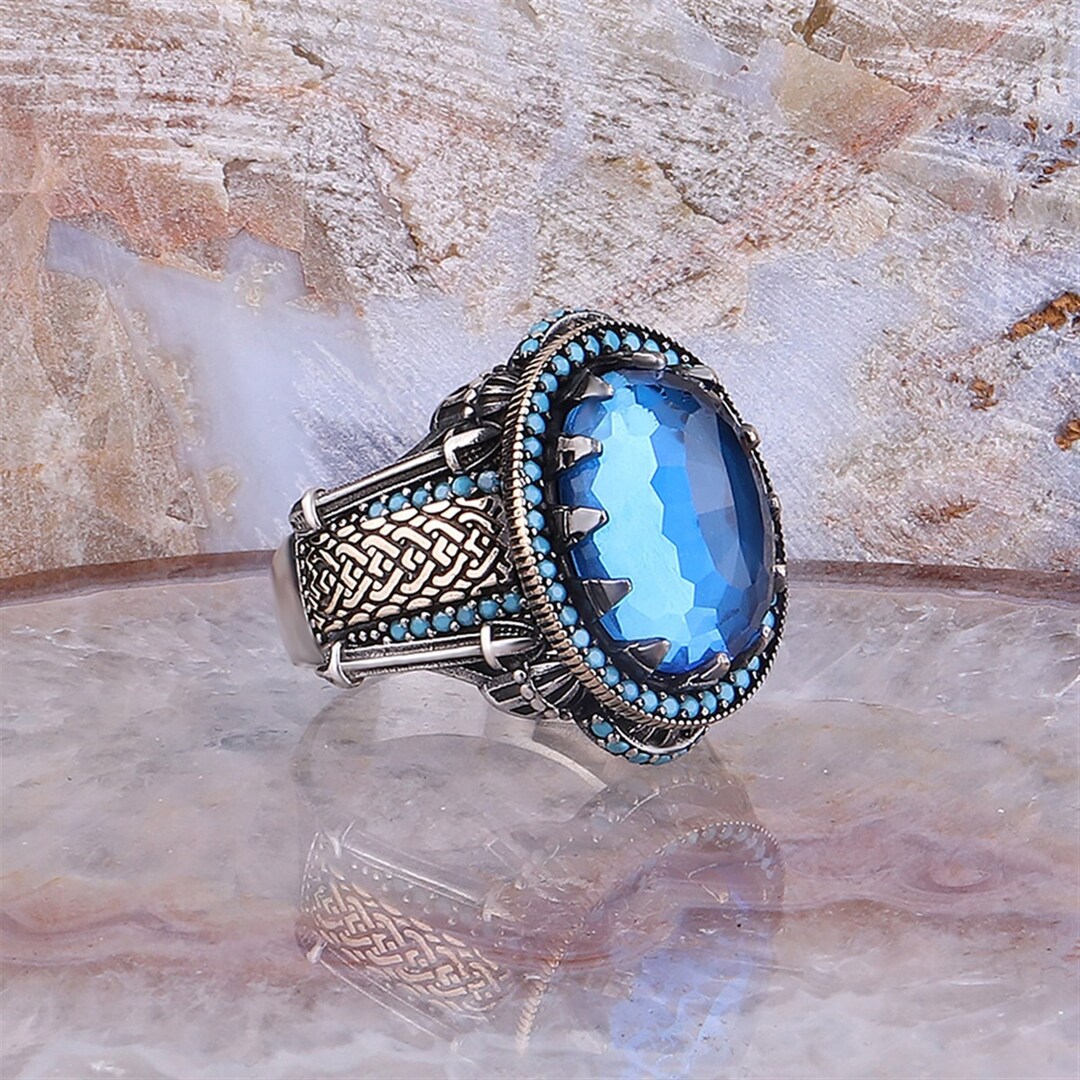 Aquamarine Stone Ring: Turkish Handmade 925 Sterling Silver Men's ...