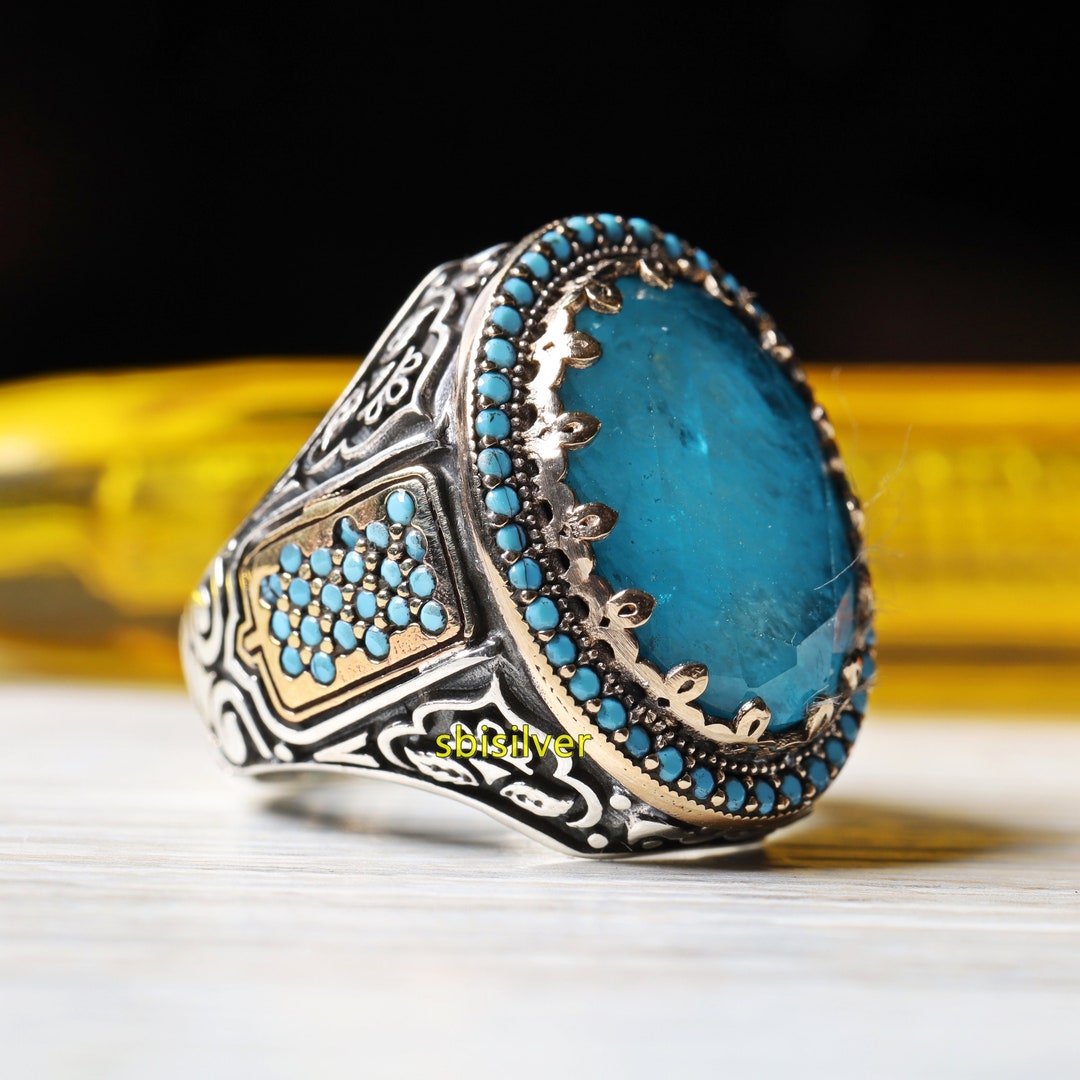 Oval Turquoise Stone Ring: Turkish Handmade 925k Sterling Silver Men's ...