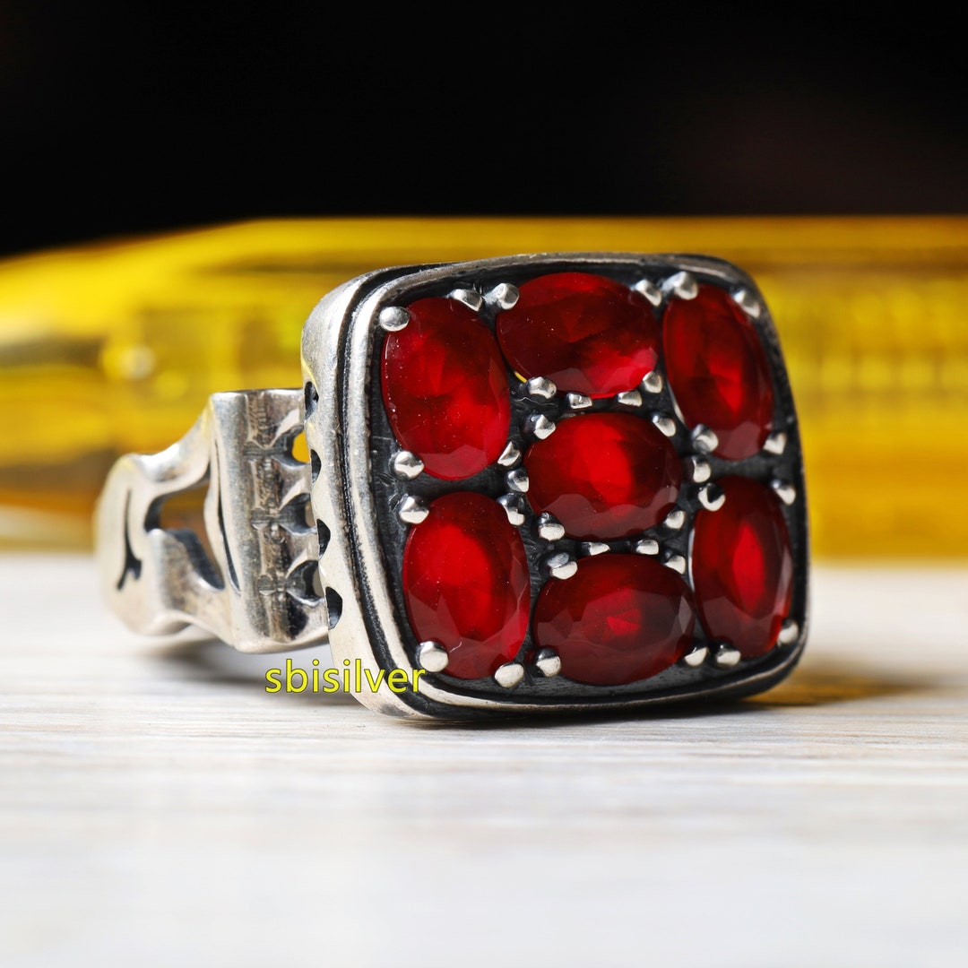Anillo de plata de ley para hombre: Rubí turco multipiedra hecho a mano ...