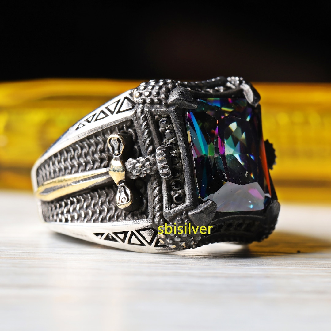 Sword Mens Handmade Ring, Mystic Topaz Stone Vintage Ring, Men Silver ...