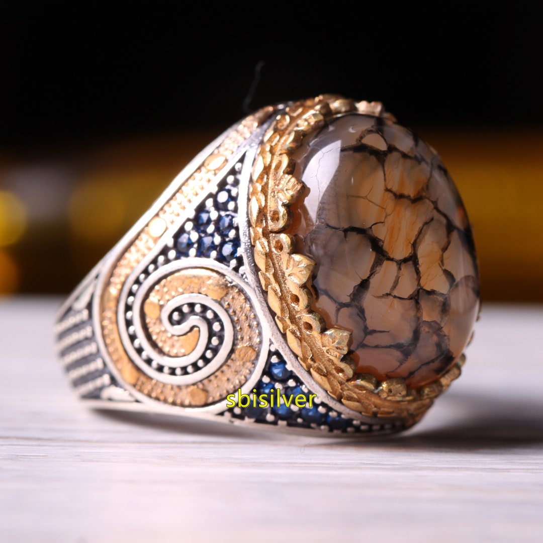 Yemen Agate Aqeeq Stone Ring: Turkish 925k Sterling Silver Mens Ring - Etsy