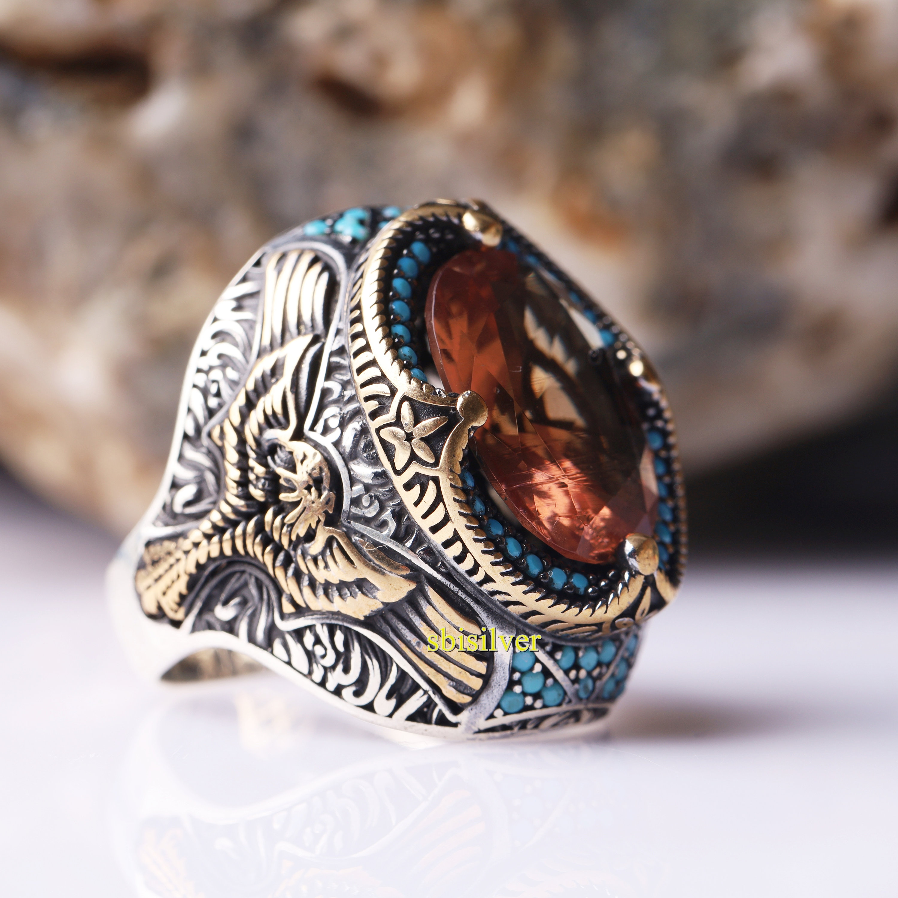 Eagle Alexandrite Turquoise Stone Ring: Turkish Handmade 925k Sterling ...