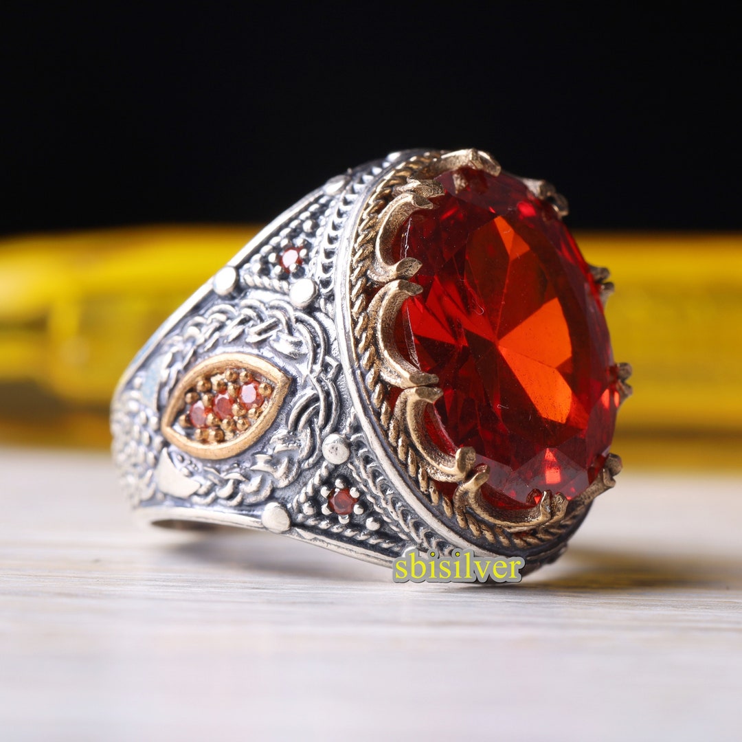 Turkish Handmade Silver, Men Man Ring, Ottoman Men Ring, Red Garnet ...