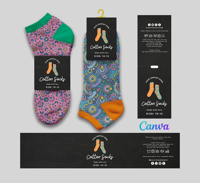 Printable Sock Wrap Labels, Black Cotton Socks Label Designs, Handmade ...
