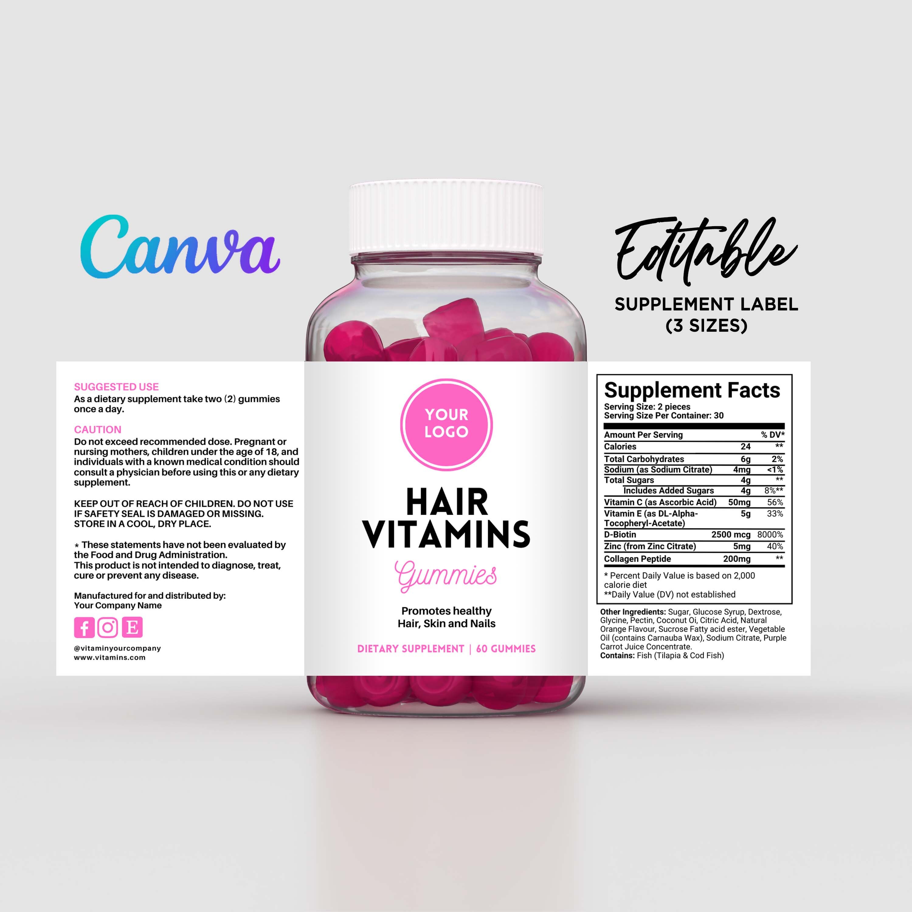 Hair Vitamin Labels, Collagen Gummies Label, Hair Supplement Labels ...