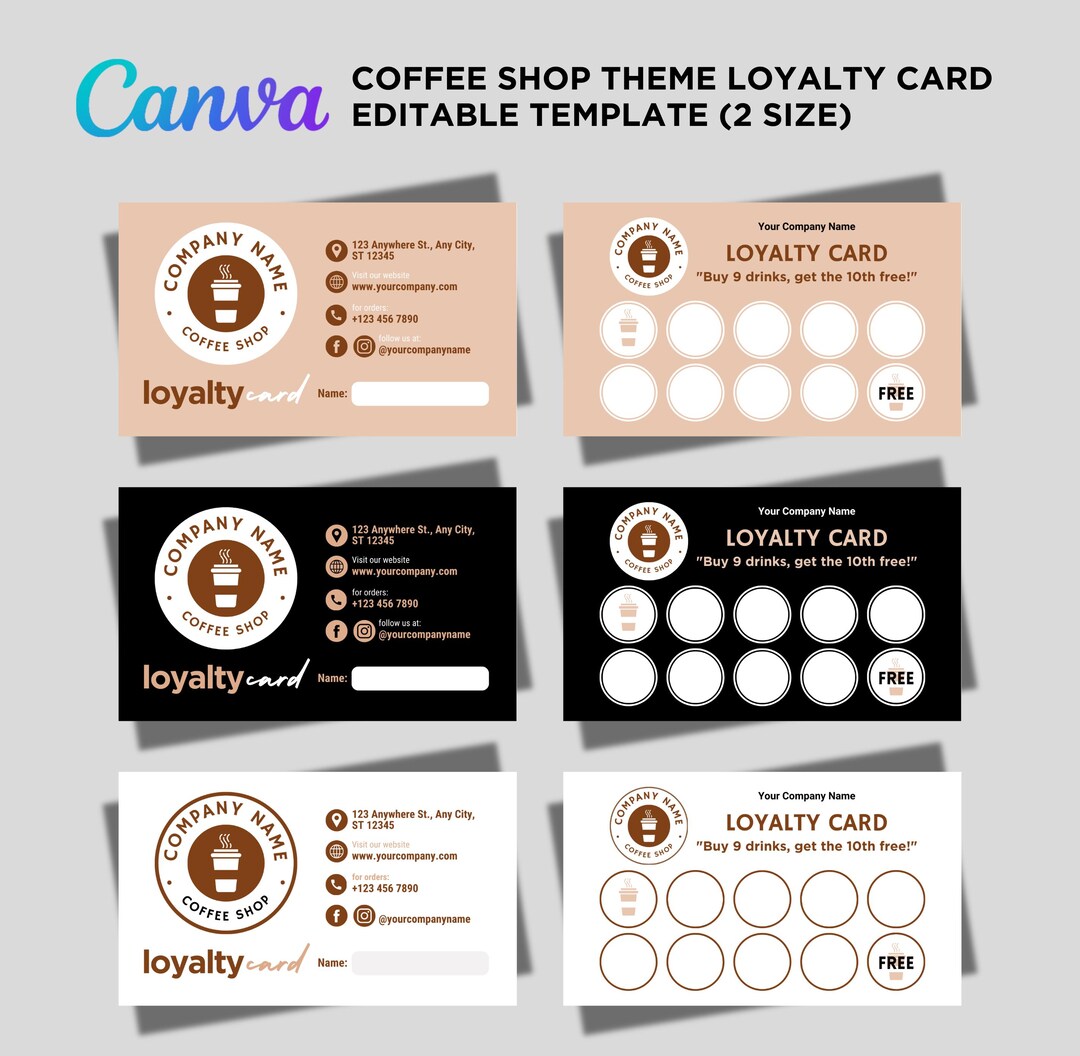 Coffee Shop Loyalty Card Editable Canva Template, Customizable Cafe ...