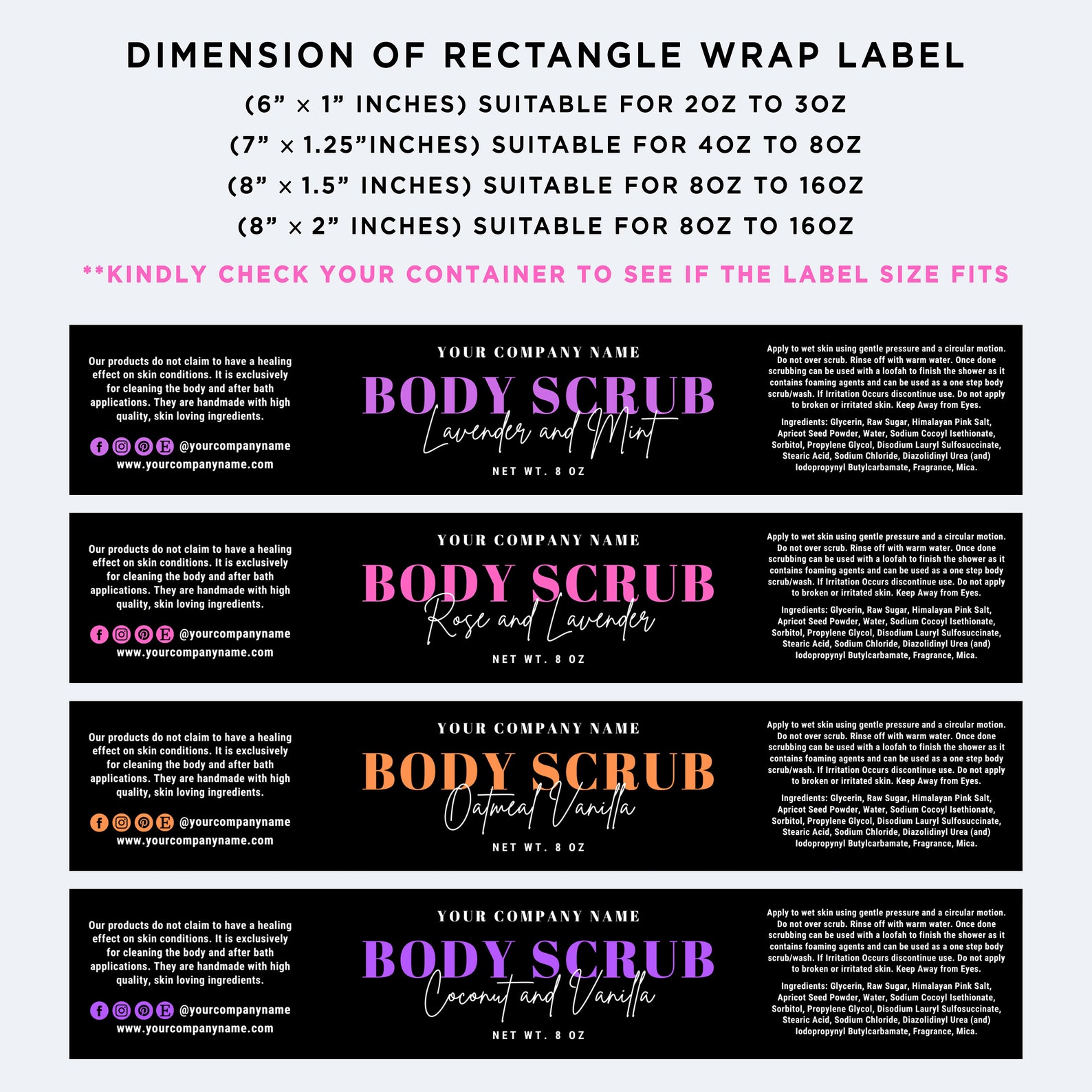 Body Scrub Wrap Label Designs, Body Sugar Scrub Labels, Soak Salts ...