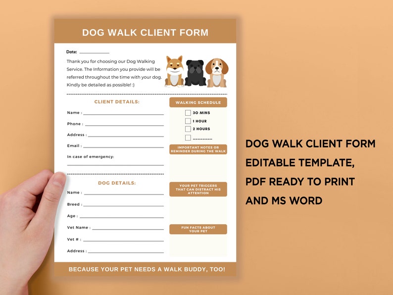 Printable Dog Walk Client Form Dog Walk Service Dog - Etsy