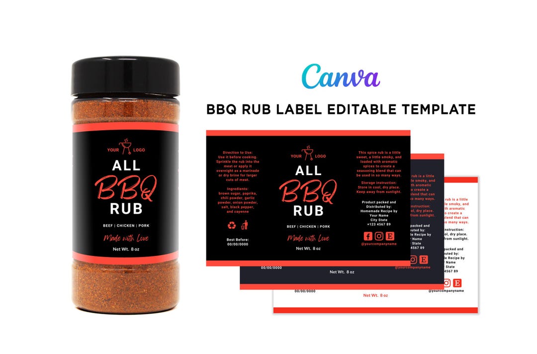 BBQ Rub Label Template Canva, Editable Spice Jar Label, Barbeque Grill ...