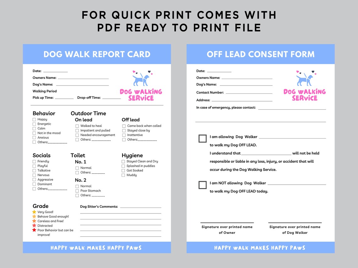 Printable Dog Walking Report Card, Dog Walk Service Report Card, Dog ...
