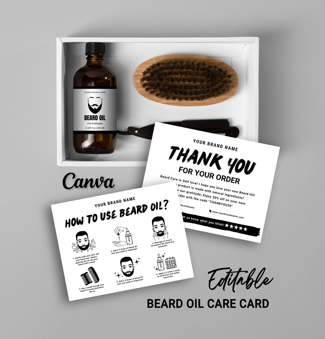 Printable Beard Oil Care Card, Beard Grooming Gift Set Card, How to Use ...