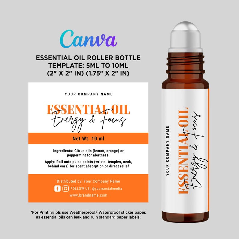 Essential Oil Roller Bottle Template Canva, Editable 10ml Roll on Label ...