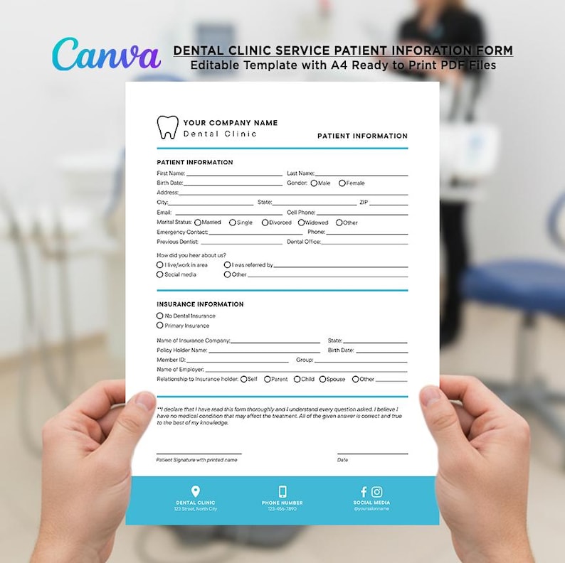 Printable Dental Clinic Patient Information, Dental Office Forms, New ...