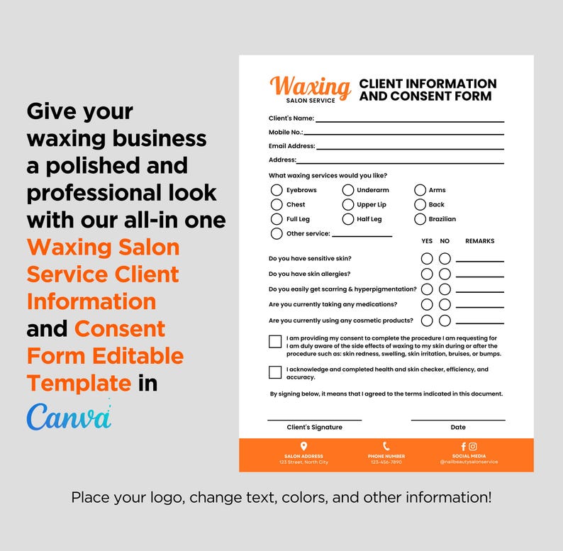 Waxing Service Forms, Printable and Editable Waxing Client Intake Form ...