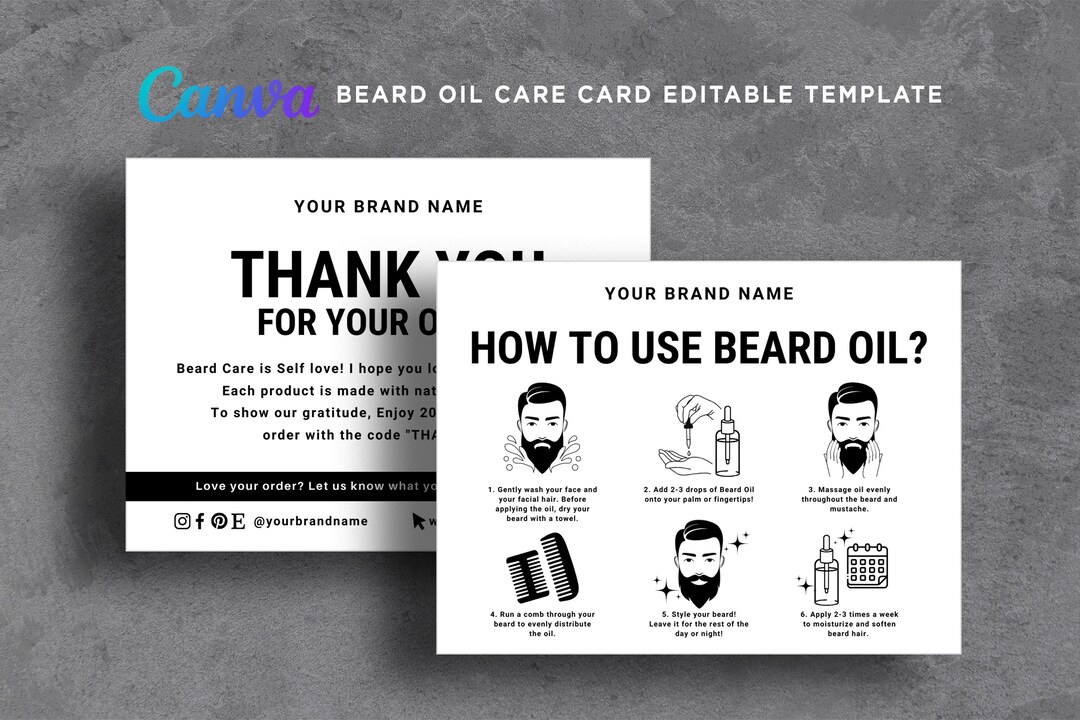 Editable Beard Oil Care Card, Beard Kit Gift Set Card, How to Use Beard ...