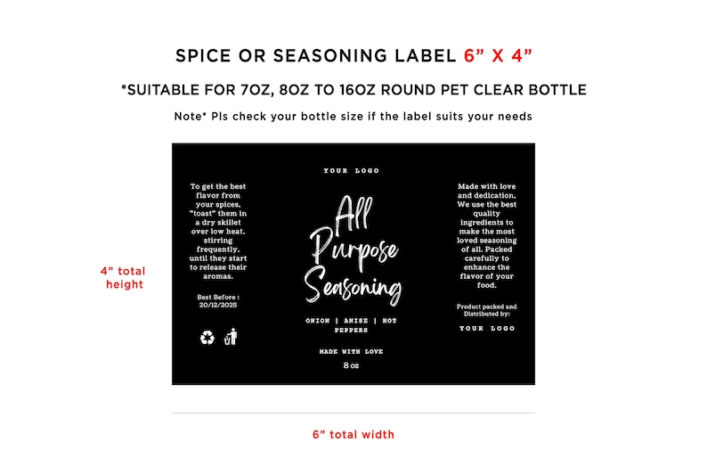 Printable Wrap Label for All Purpose Seasoning. Spice Label 8oz, 4oz ...