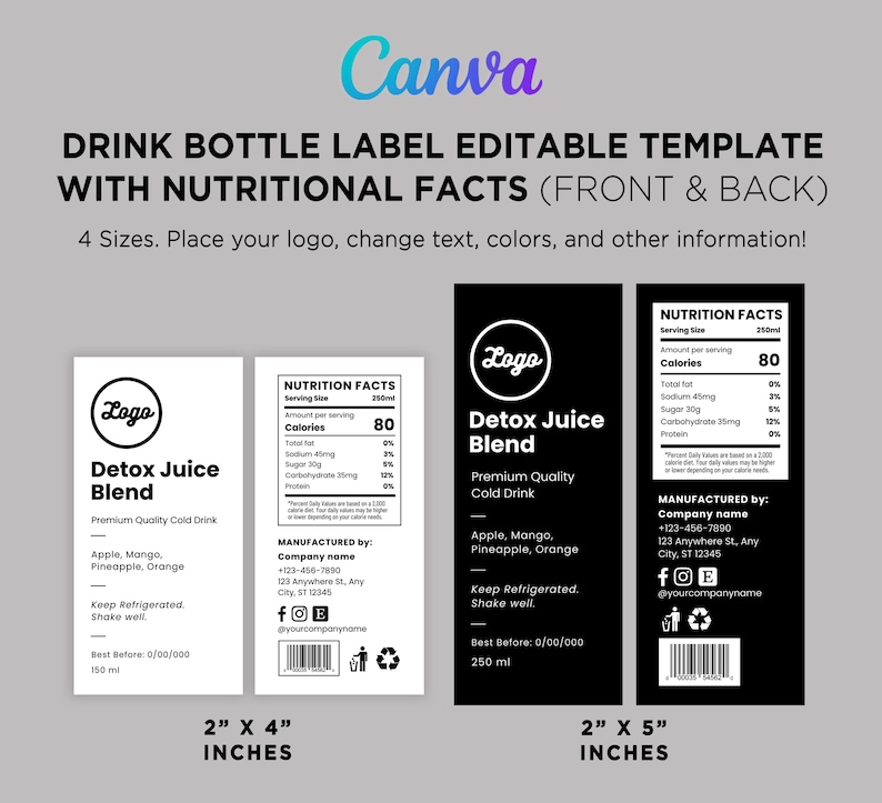 Custom Beverage Bottle Label W/ Nutritional Facts, Drink Label Template ...