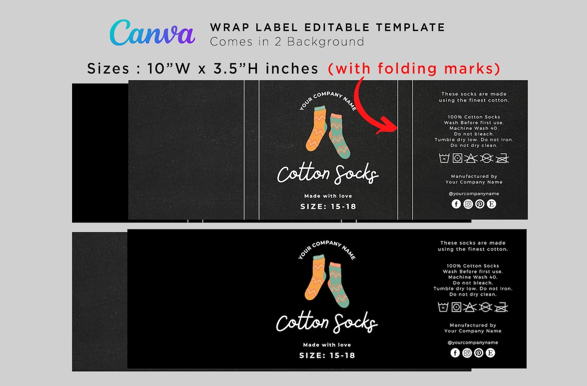 Printable Sock Wrap Labels, Black Cotton Socks Label Designs, Handmade ...