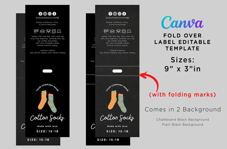 Printable Sock Wrap Labels, Black Cotton Socks Label Designs, Handmade ...